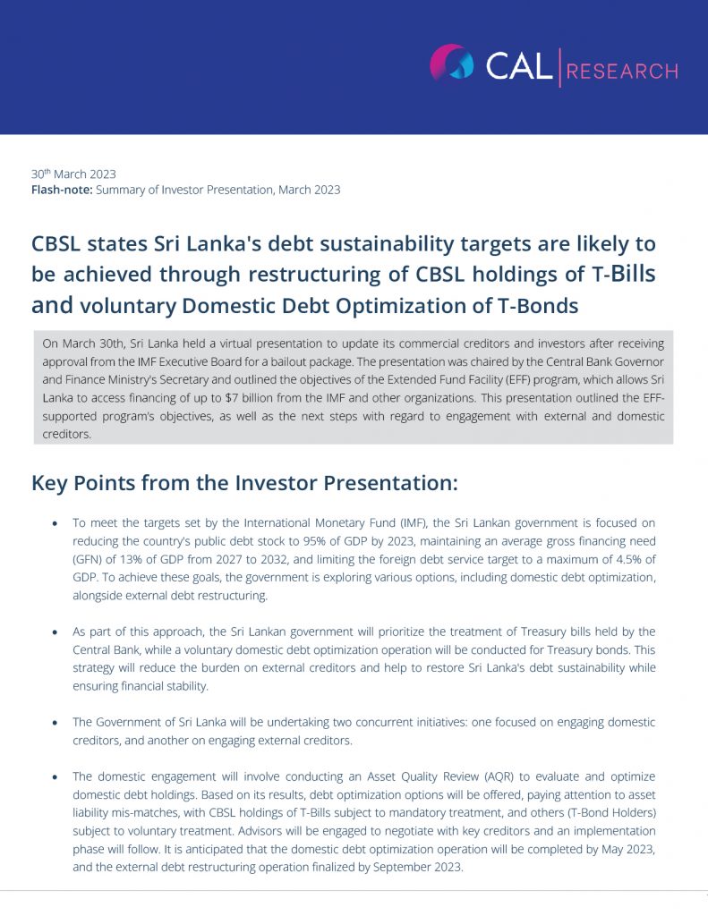 Summary of CBSL Investor Presentation - CAL